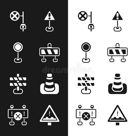 Set Road Barrier Traffic Sign Stop With Camera Exclamation Mark In Triangle Traffic Cone