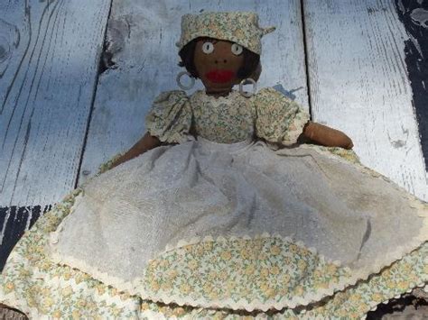 30s Vintage Black Mammy Rag Doll Cotton Feedsack Dress Button Eyes