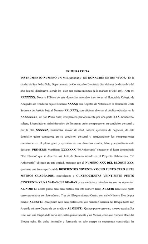 Donacion Inmueble Honduras Sps Primera Copia Instrumento Numero Un