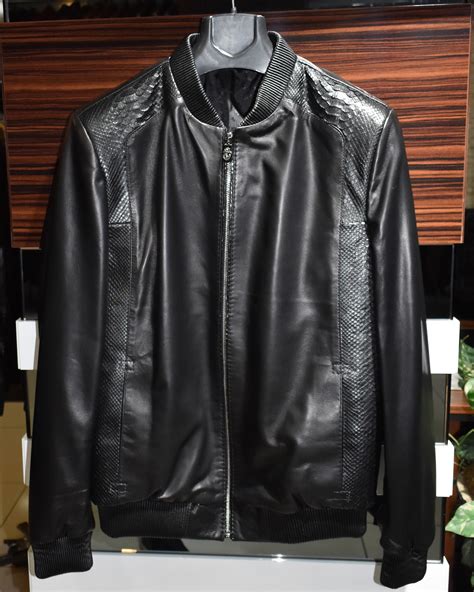 Billionaire Python Trim Leather Bomber Jacket Leather Guys