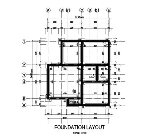 Foundation Layout Of 9x10m House Plan In Autocad Drawing Detailed