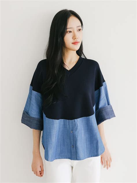 포스티 데님배색v넥1color