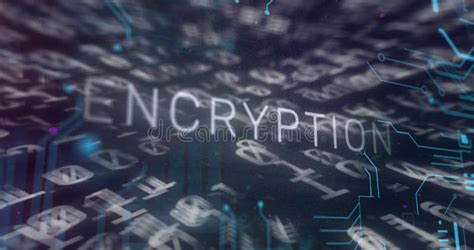 image of encryption text banner over binary coding and microprocessor connections stock