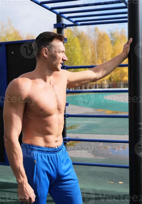 Middle Age Shirtless Man Resting After Outdoors Workout 8375357 Stock