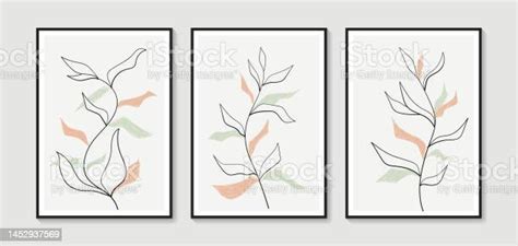 식물벽 아트 벡터 세트 추상적인 모양의 단풍 라인 아트 드로잉 인쇄 표지 벽지 최소한의 자연 벽 예술을위한 추상 식물 예술 디자인 벡터 그림입니다 0명에 대한 스톡 벡터