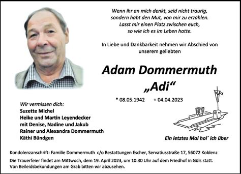 Traueranzeigen Von Adam Dommermuth Rz Trauer De