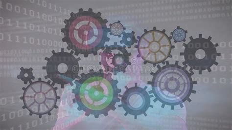 animation of cogs spinning over binary coding and man wearing vr headset stock footage video
