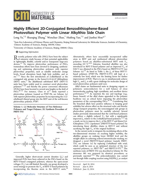 Pdf Highly Efficient 2d Conjugated Benzodithiophene Based Photovoltaic Polymer With Linear