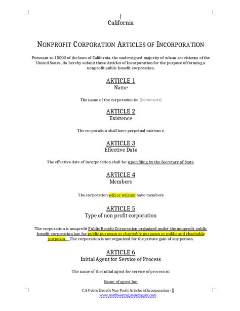 Free California Public Benefit Nonprofit Articles Of Incorporation