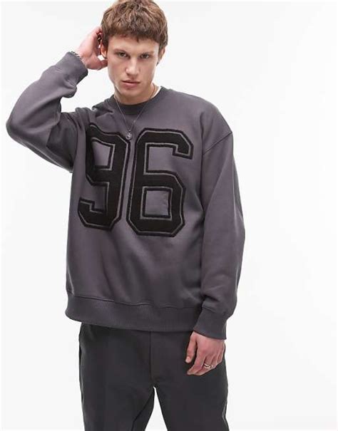 Topman Oversized Fit Sweatshirt With 96 Embroidery In Charcoal Asos