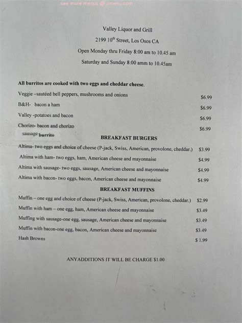 Online Menu Of Valley Liquor Restaurant Los Osos California 93402