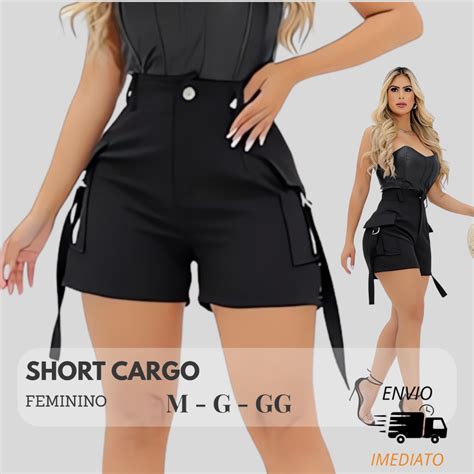 Short Cargo Cintura Alta Feminina Tecido Alfaiataria Versatil Moda