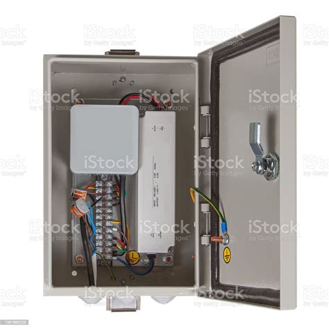 Outdoor Open Metal Electrical Cabinet Junction Box With Warning Signson White Background Stock
