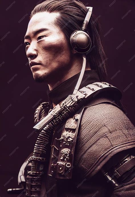 사이버 소송에서 공상 과학 사이버 펑크 전사의 현실적인 초상화 하이테크 미래 지향적인 남자 프리미엄 사진