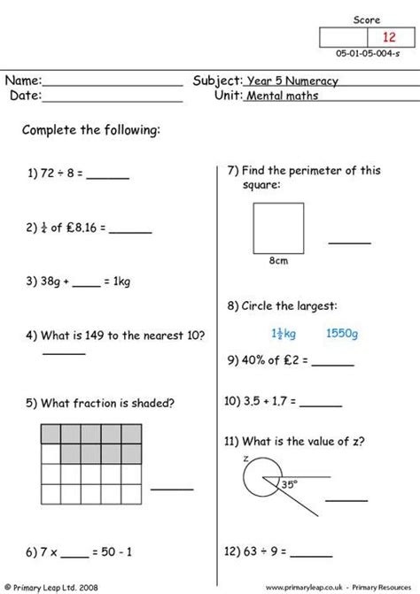 Year 5 Numeracy Mental Maths Printable Resources Free Worksheets For
