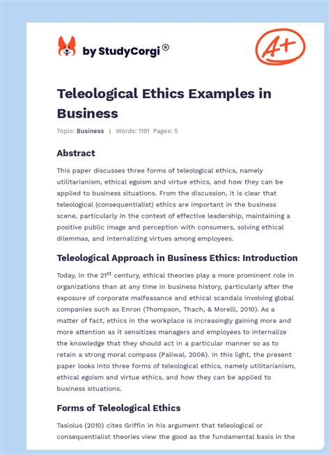 Teleological Approach In Business Ethics Teleological Ethics Example Essay
