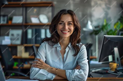 Premium Photo Smiling Woman Sitting At Her Desk In Office Happy