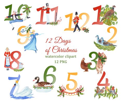 The Twelve Days Of Christmas Watercolor Clipart 12 Days Partridge In