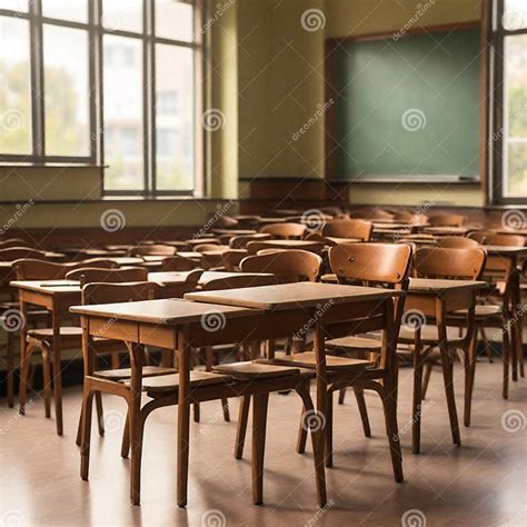 Empty High School Classroom With Wooden Chairs And Desks Back To School Concept Stock