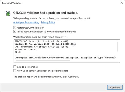 Problem Reporting Gedcom Validator™ Help