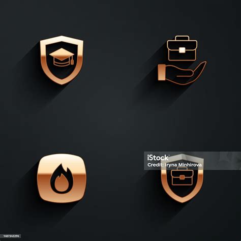 방패 서류 가방 불 불꽃 및 긴 그림자가 있는 서류 가방 아이콘을 들고 있는 졸업 모자를 설정합니다 벡터 가방에 대한 스톡 벡터 아트 및 기타 이미지 Istock