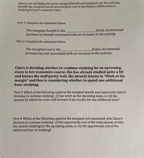 Solved Below You Will Define The Terms Marginal Benefit And