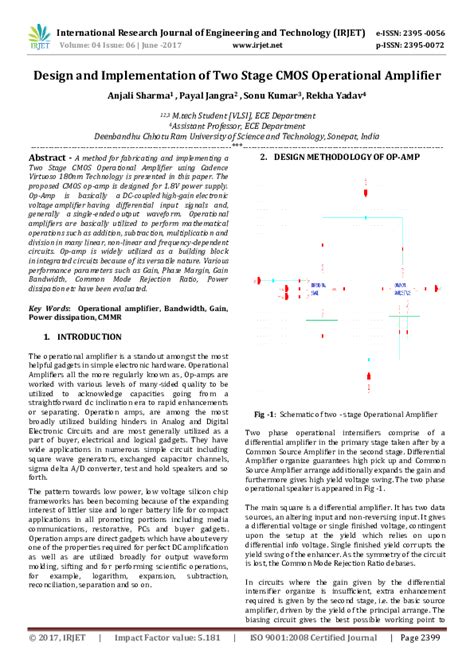 Pdf Design And Implementation Of Two Stage Cmos Operational Amplifier