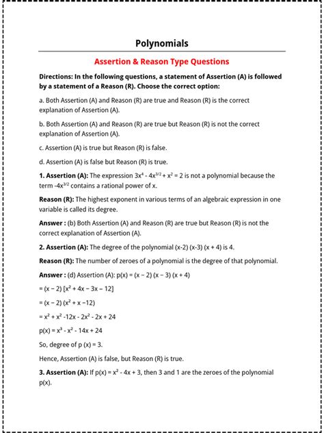 Assertion And Reason Questions On Polynomials Pdf Algebra Numerical