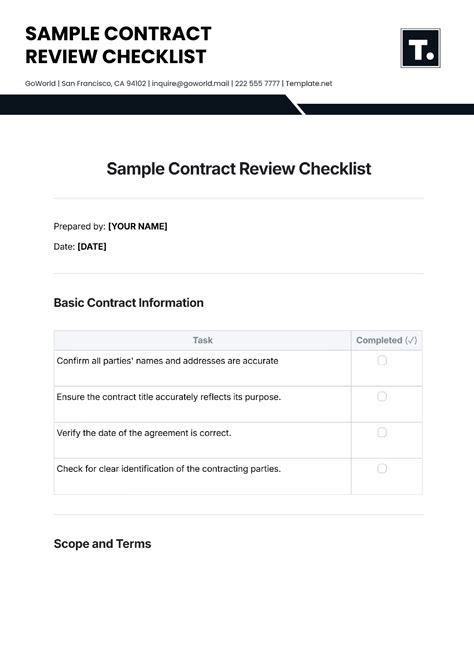 Free Sample Contract Review Checklist Template To Edit Online