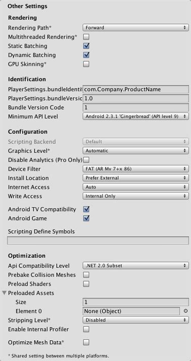 Unity Manual Android Player Settings