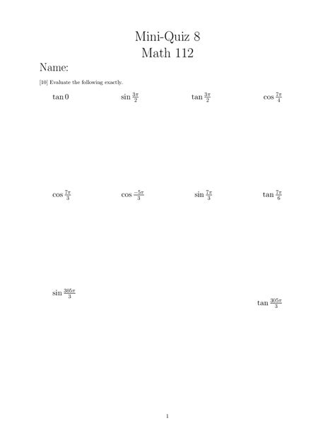 evaluation quiz 8 elementary functions math 112 docsity