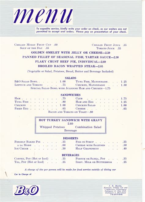 Baltimore And Ohio Dining Car Lunch Menu 1964 Etsy