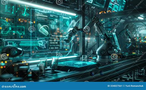 Futuristic Smart Factory Showcasing Robotic Arms And Holographic Interfaces In Advanced