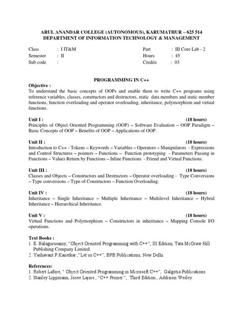 C Syllabus Pdf C Object Oriented Programming