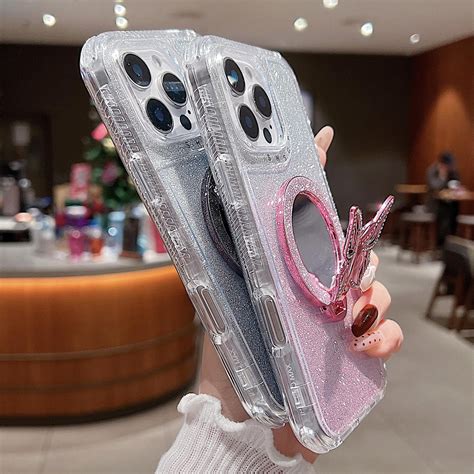 Iphone 13 Pro Mirror Butterfly Holder Glitterr Magsafe Phone Case Silver
