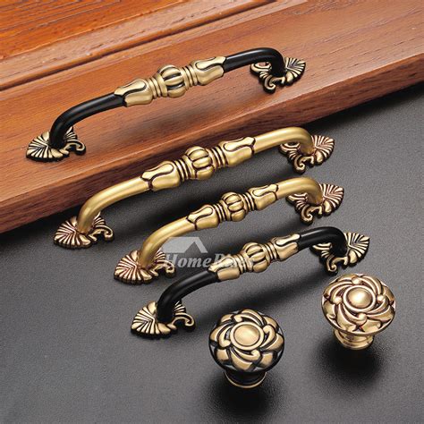 Luxury Black Gold Brass Cabinet Knobs Unique Carved Decorative Dresser Drawer Handles Gold