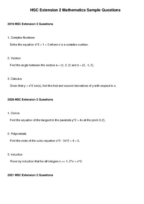HSC Extension Questions Final HSC Extension Mathematics Sample Questions HSC