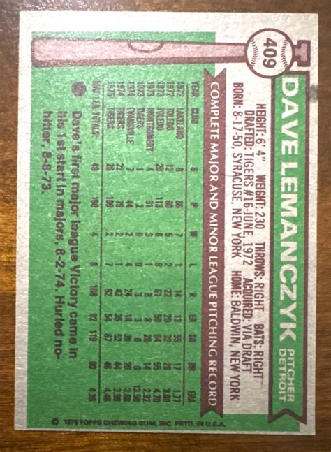 1976 Topps Dave Lemanczyk Autographed Baseball Card 409 Tigers Ebay