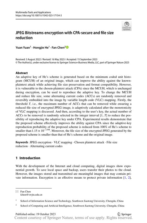 Jpeg Bitstreams Encryption With Cpa Secure And File Size Reduction Request Pdf
