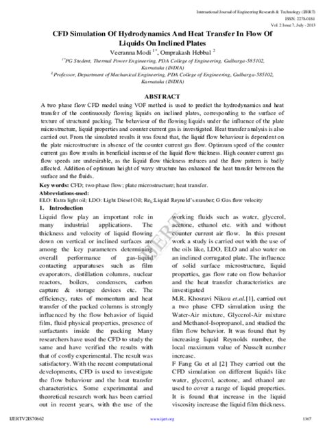 Pdf Cfd Simulation Of Hydrodynamics And Heat Transfer In Flow Of Liquids On Inclined Plates
