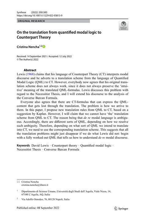 Pdf On The Translation From Quantified Modal Logic To Counterpart Theory