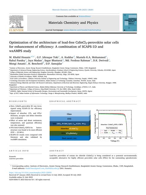 Pdf Optimization Of The Architecture Of Lead Free Cssncl3 Perovskite Solar Cells For