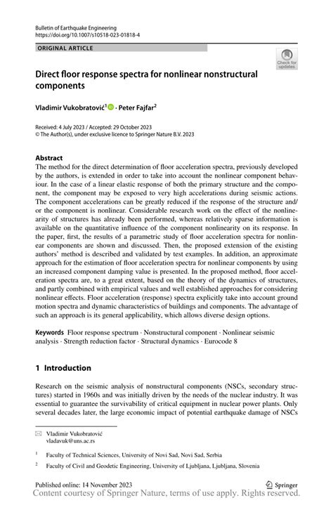 Direct Floor Response Spectra For Nonlinear Nonstructural Components Request Pdf