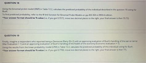 Solved Question 18 Using The Binomial Probit Model Bnp In