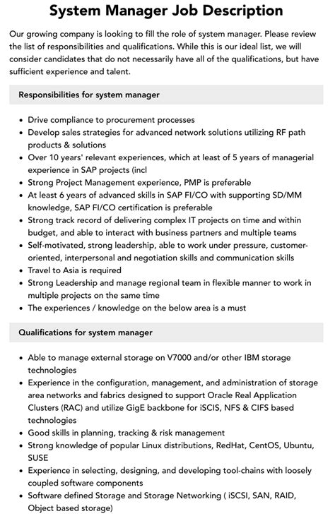 System Manager Job Description Velvet Jobs