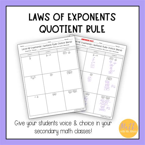 Exponent Rules Practice Quotient Rule Worksheet Choice Board For Algebra 1 Maila Rivera Exponent Rules Practice Quotient Rule Worksheet Choice Board For Algebra 1 Maila Rivera