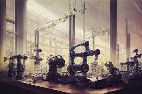 글로벌 생산의 현대 공장 산업용 로봇 로봇 팔 기술 진화의 3d 내부 조립 라인 프리미엄 사진