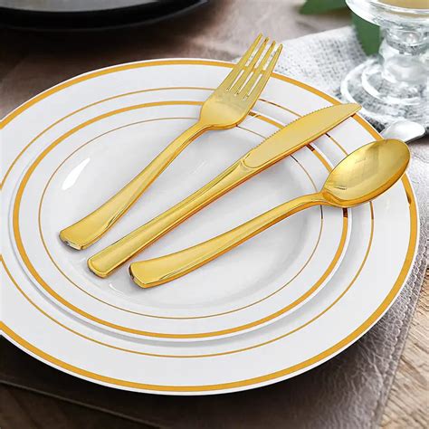 175pcs 플라스틱 식기 일회용 식기 골든 에지 플레이트 와인 유리 나이프 포크 스푼 25 명 사용 설정 Temu South Korea