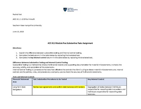 Acc 411 Module Five Substantive Tests Complete The Test Column In The