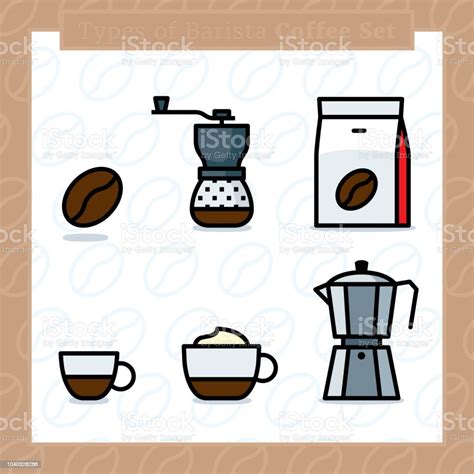 바리 스타 커피 색된 아이콘 설정 및 벡터 일러스트 레이 션1 색의 종류 디자인에 대한 스톡 벡터 아트 및 기타 이미지